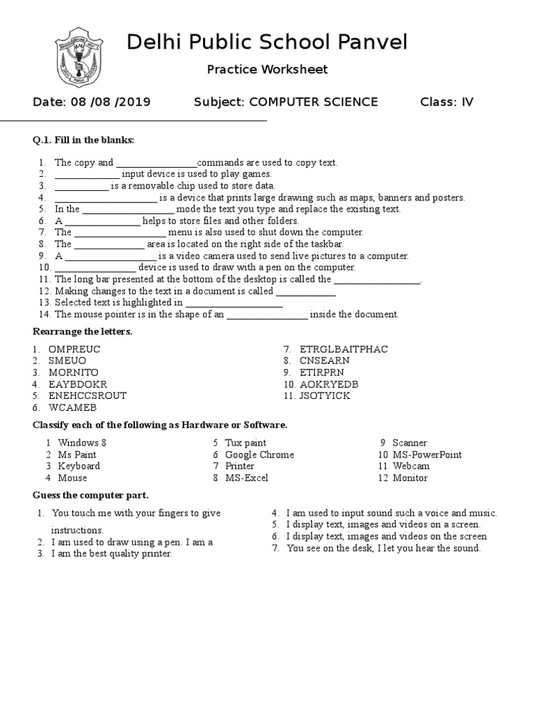 Class 4 Computer Hardware Worksheet | PDF | Media Technology | Software