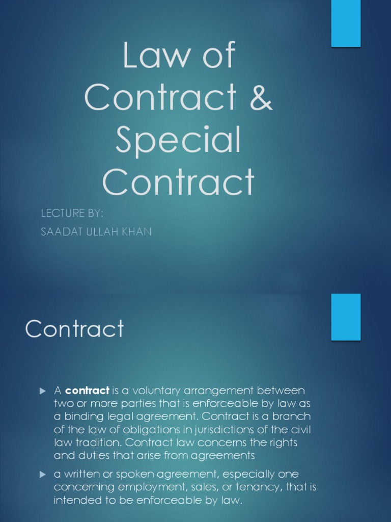 Law of Contract & Special Contract: Lecture By: Saadat Ullah Khan | PDF | Breach Of Contract ...