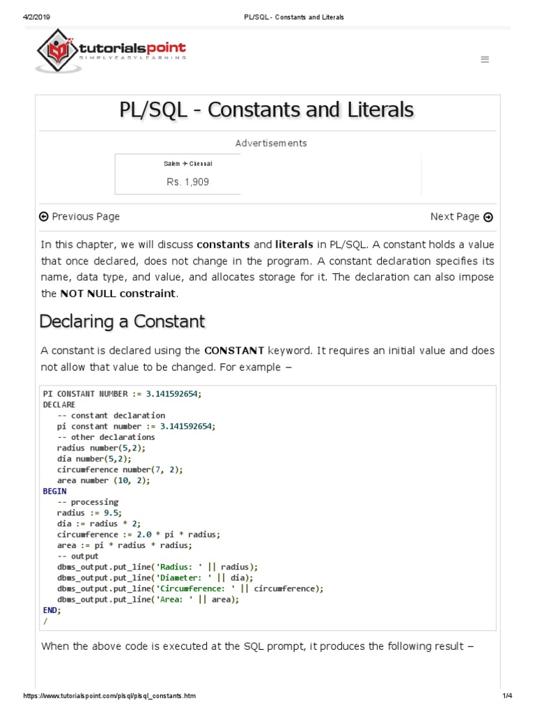 PL/SQL - Constants and Literals | PDF | Boolean Data Type | Pl/Sql PL/SQL - Constants and Literals | PDF | Boolean Data Type | Pl/Sql