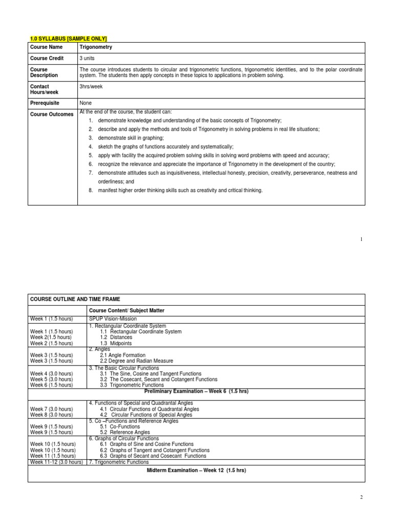 Trigonometry Syllabus Overview | PDF | Trigonometric Functions ...