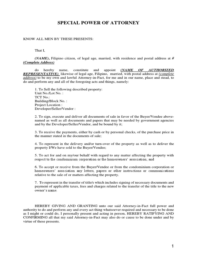 Sample SPA - SALE - Generic | PDF | Power Of Attorney | Notary Public