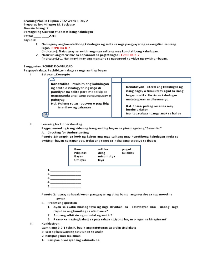 Learning Plan in Filipino 7 Q2 Week 1 Da | PDF