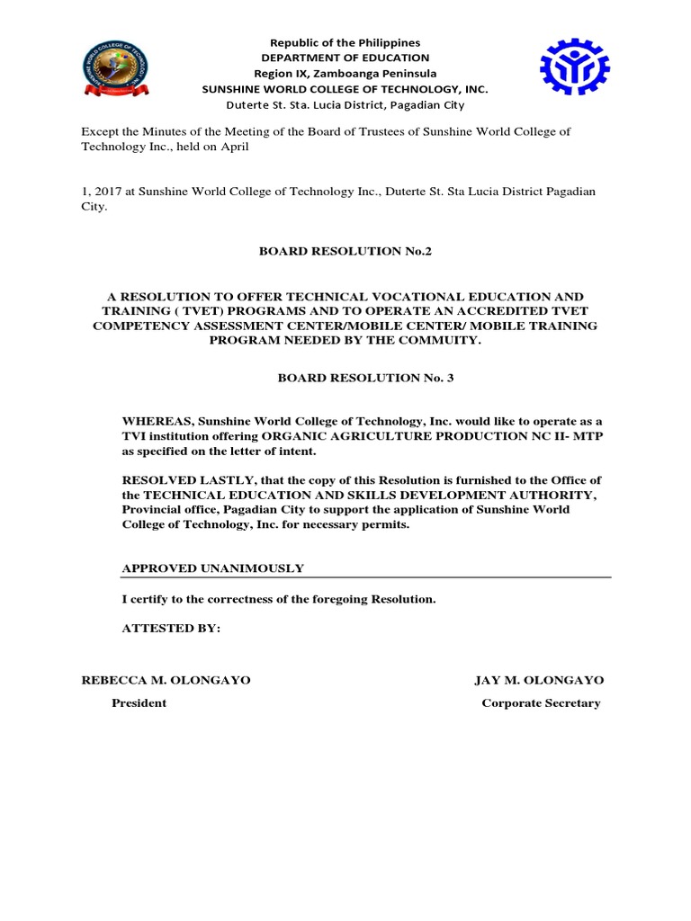 Tesda-Board of Resolution | PDF | Vocational Education | Government ...