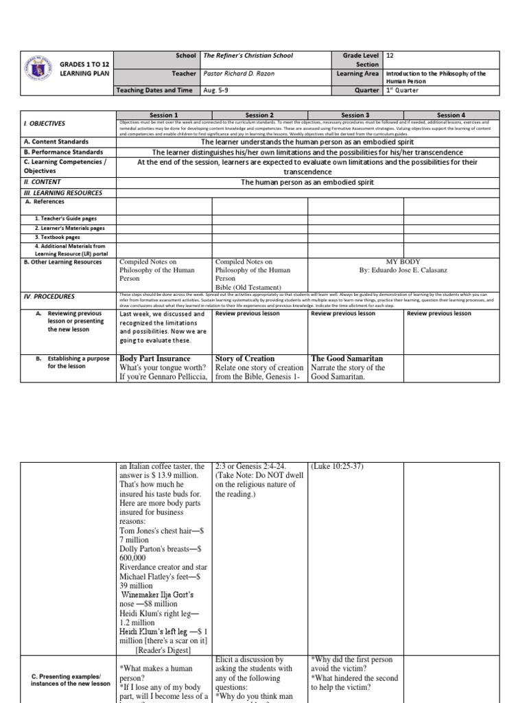 I. Objectives: Body Part Insurance Story of Creation The Good Samaritan ...