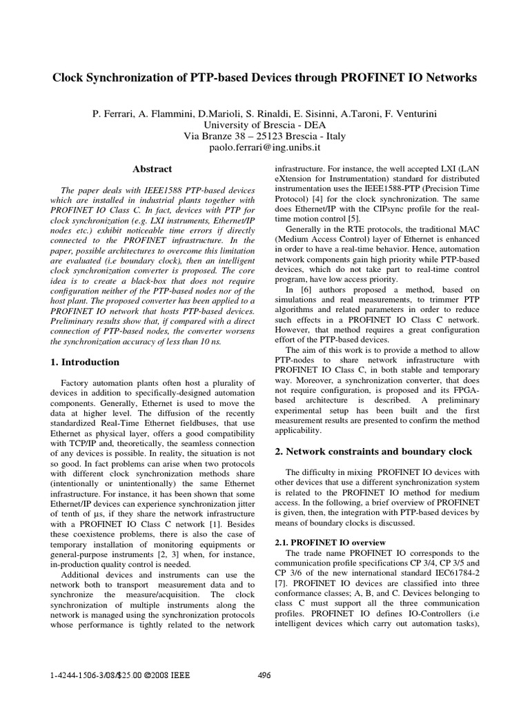 Clock Synchronization of PTP-based Devices Through PROFINET IO Networks | PDF | Internet ...