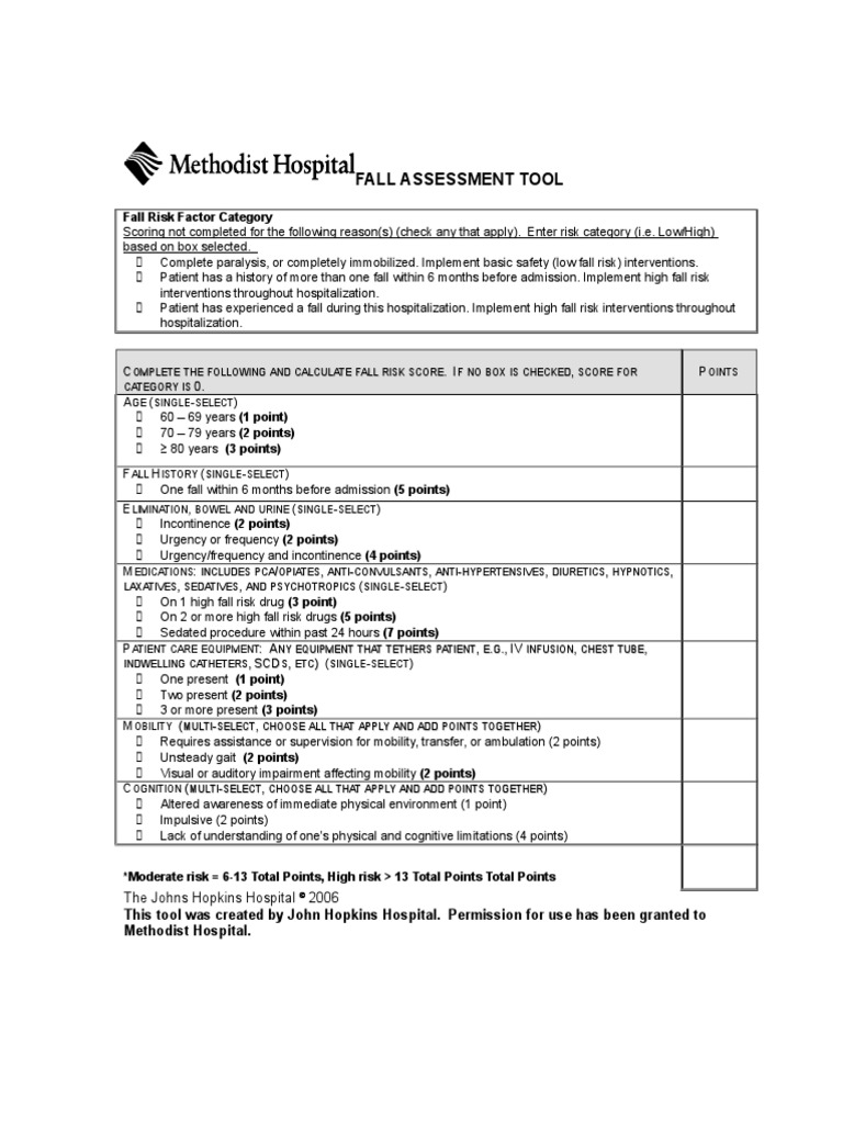 Fall Assessment Tool: Fall Risk Factor Category | PDF