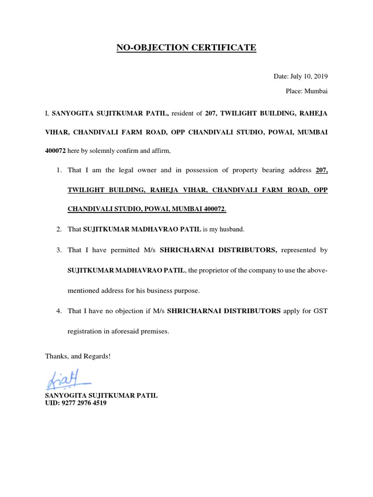 NO Objection Certificate For GST | PDF