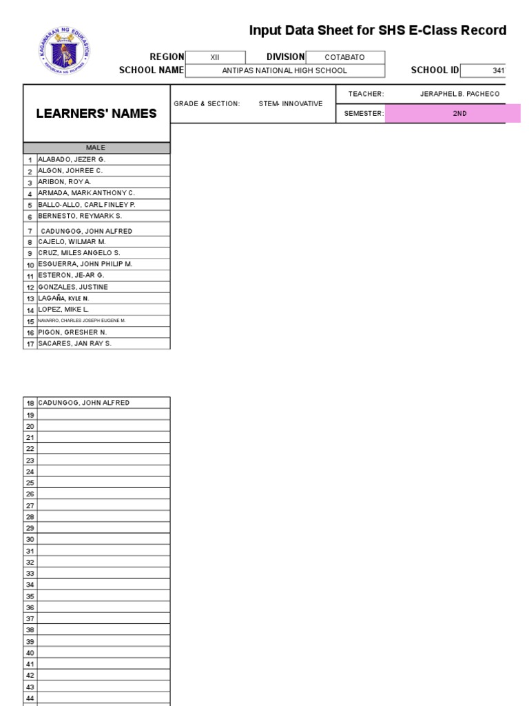 Learners' Names: Input Data Sheet For SHS E-Class Record | PDF