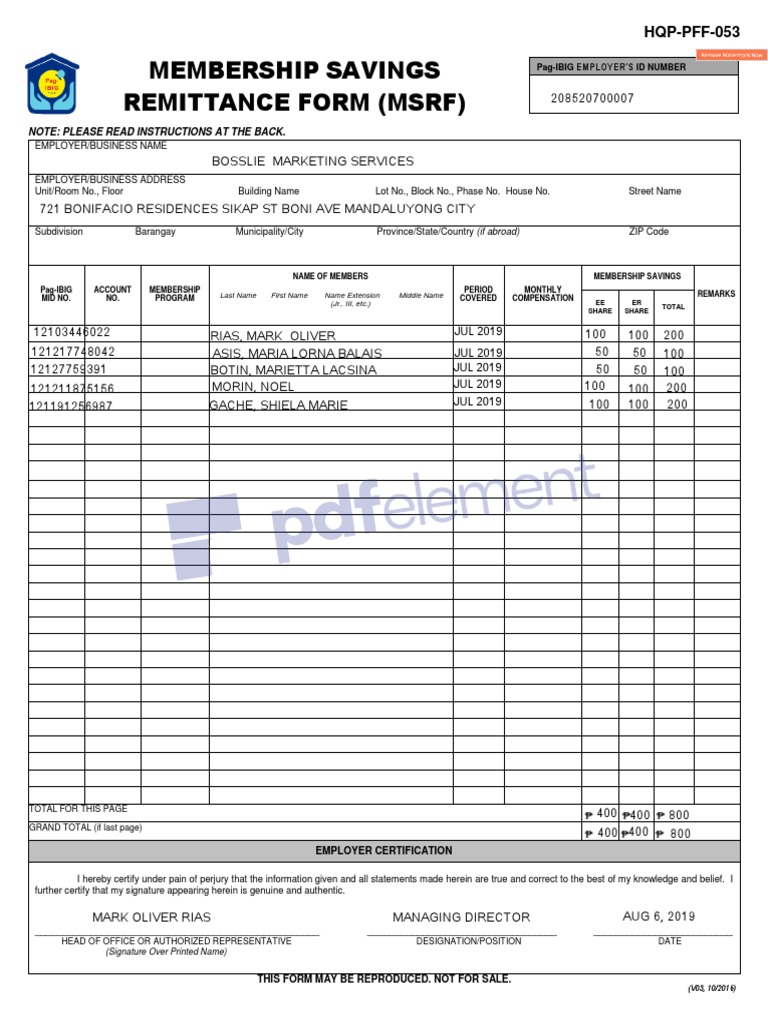 Membership Savings Remittance Form (MSRF) : HQP-PFF-053 | Download Free ...