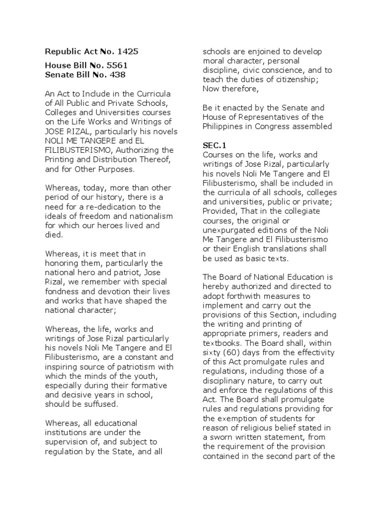 Republic Act No. 1425 House Bill No. 5561 Senate Bill No. 438 | PDF ...