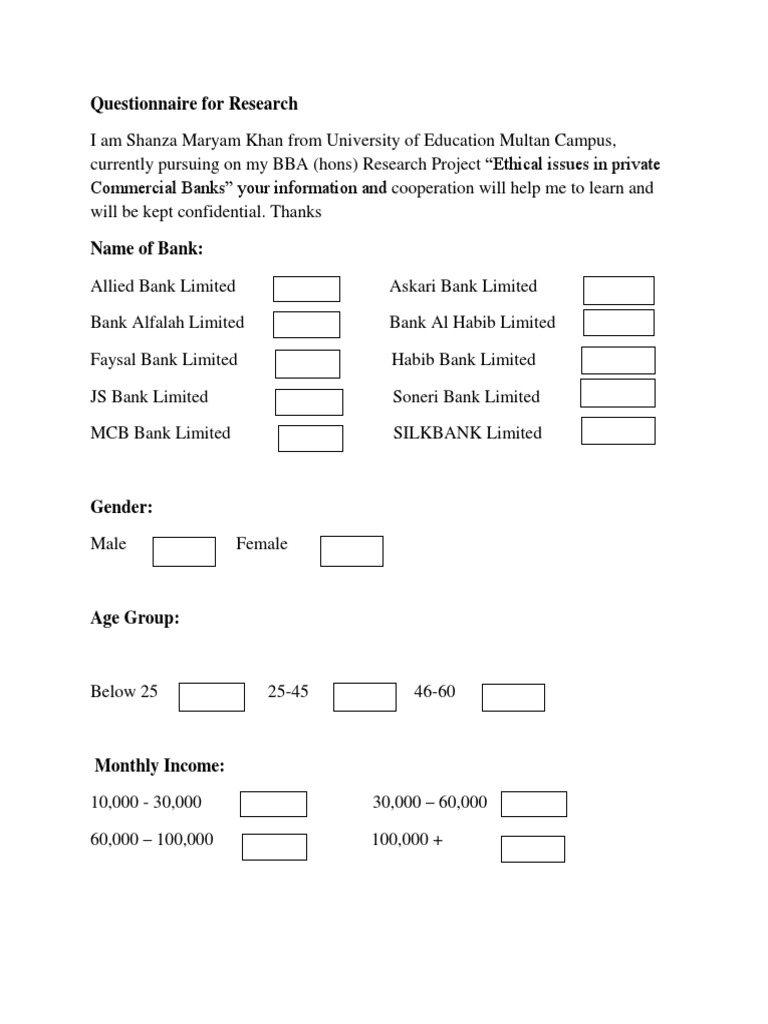 Ethical Issues in Bank Questionnaire | PDF | Banks | Psychological Concepts