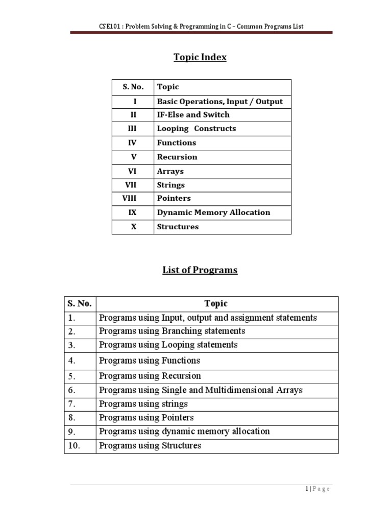 Cse101 C Common Programs List Pdf C Programming Language Pointer Computer Programming 2390