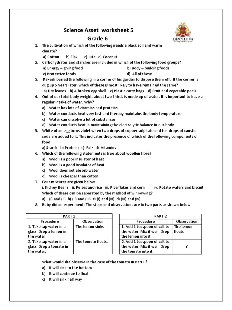 Science Asset Worksheet 5 Grade 6 | PDF | Starch | Foods
