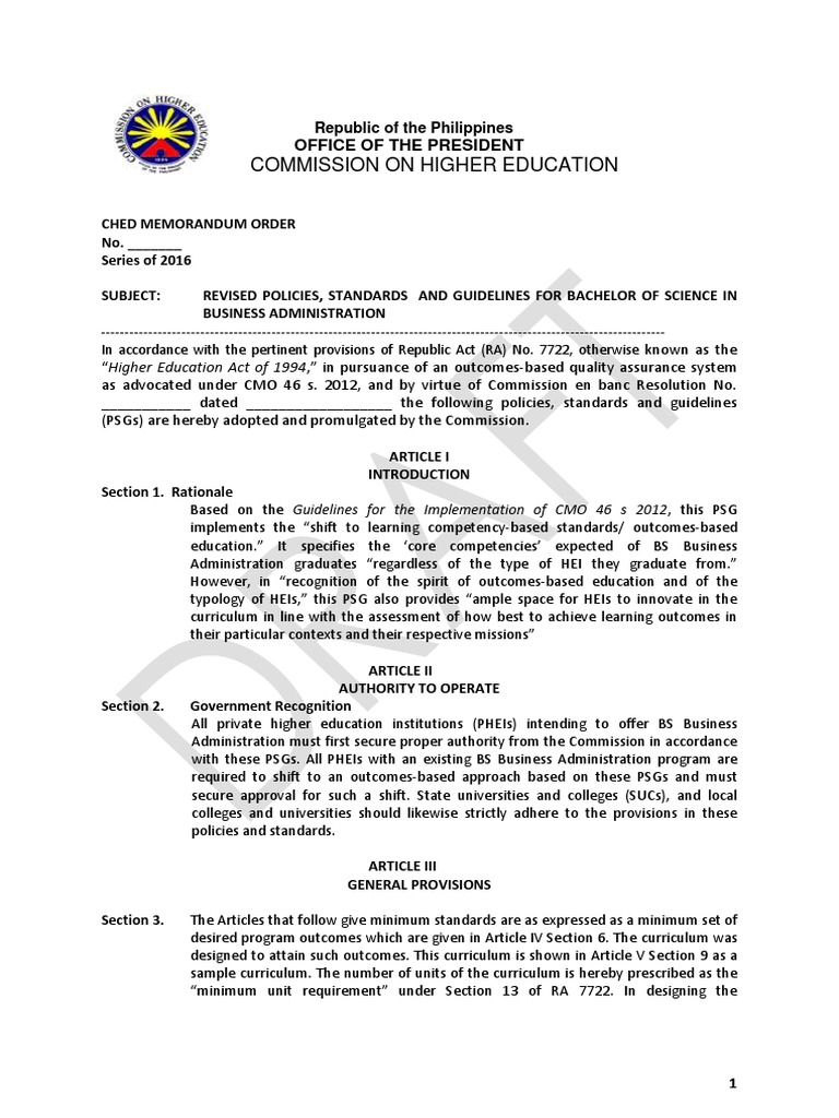 Draft Revised Policies Standards and Guidelines For Bachelor of Science ...