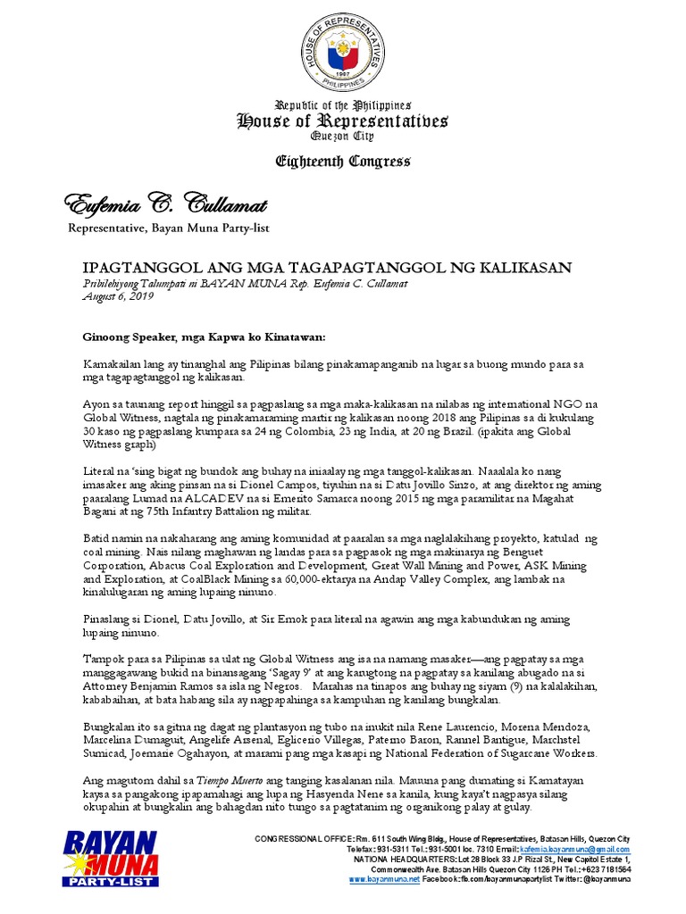 Privilege Speech: IPAGTANGGOL ANG MGA TAGAPAGTANGGOL NG KALIKASAN | PDF