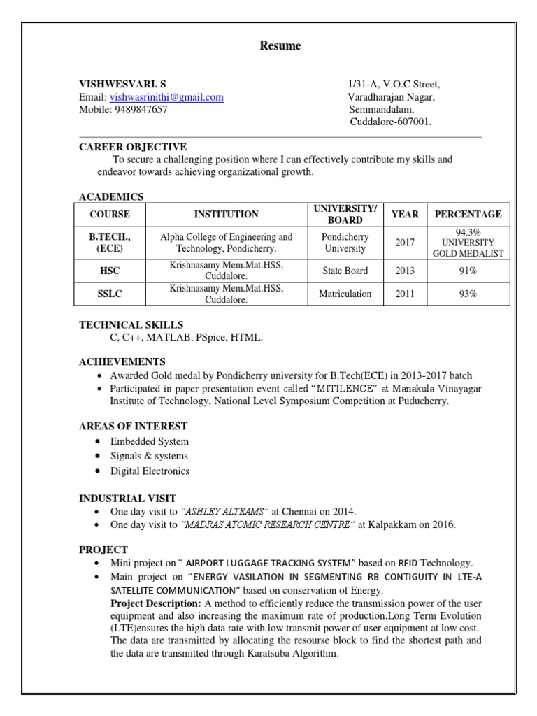 Resume: Course Institution University/ Board Year Percentage B.TECH ...