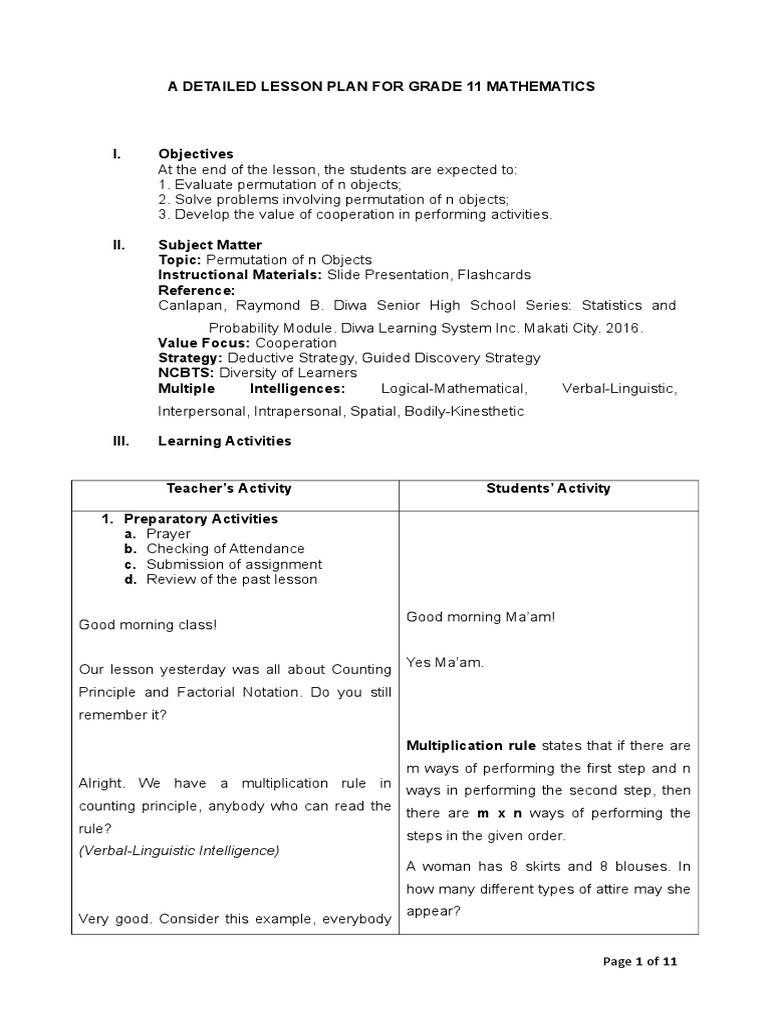 Permutation Lesson Plan for Grade 11 | PDF | Permutation | Lesson Plan
