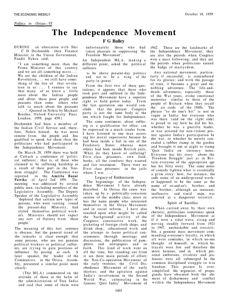 The Independence Movement: F G Bailey | PDF | Social Ideologies ...