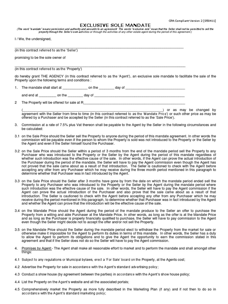 CPA Compliant Exclusive Sole Mandate | PDF | Sales | Value Added Tax