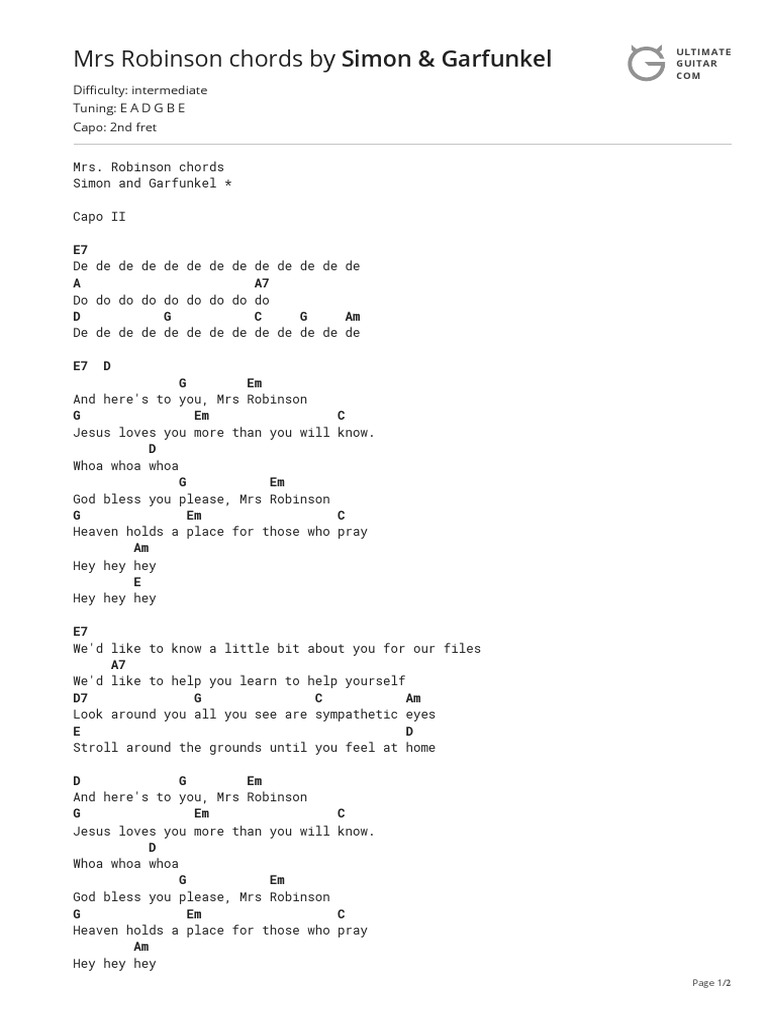 Mrs Robinson Chords by Simon & Garfunkel | PDF | Necked Lutes | String ...