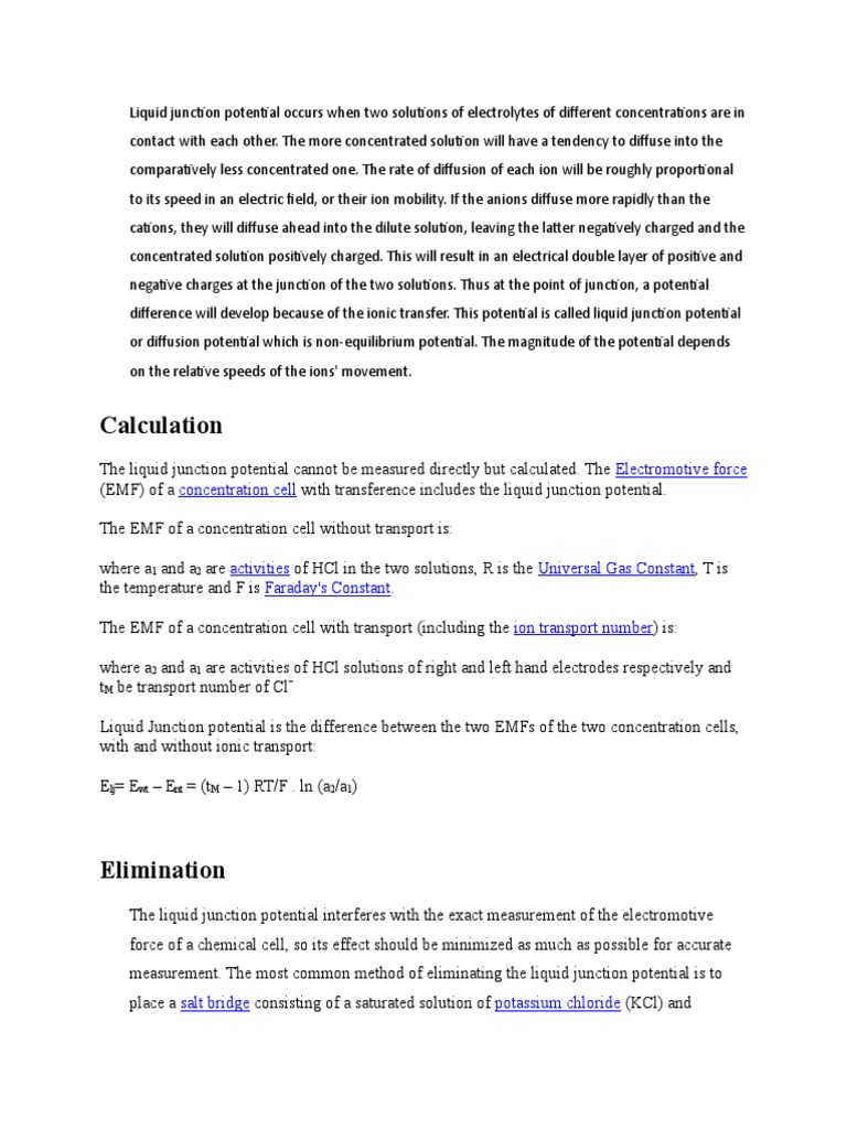 Liquid Junction Potential Occurs When Two Solutions of Electrolytes of ...