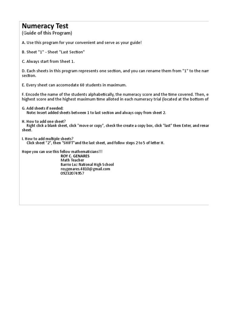 Numeracy Test Program Guide | PDF | Learning | Cognition