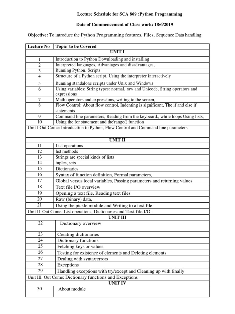 Lecture Schedule For Date of Commencement of Class Work: 18/6/2019 ...