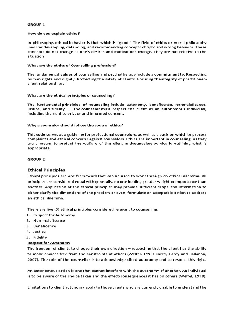 Ethical Principles of Counselor | PDF | Autonomy | Psychotherapy