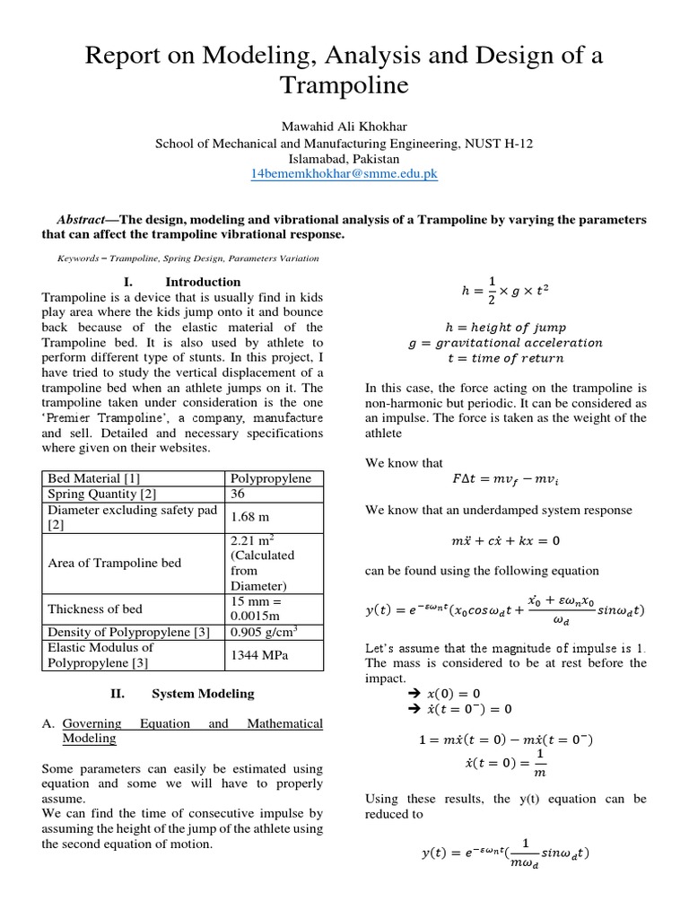 Trampoline Design and Analysis Report | PDF | Force | Equations