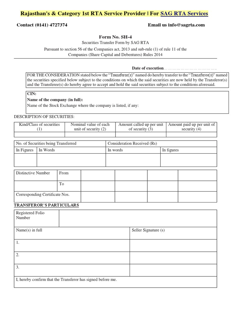 SH 4 Securities Transfer Form Download - SAG RTA | PDF | Securities ...