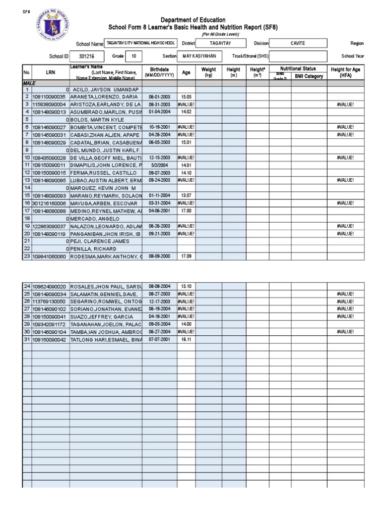 Department of Education School Form 8 Learner's Basic Health and ...