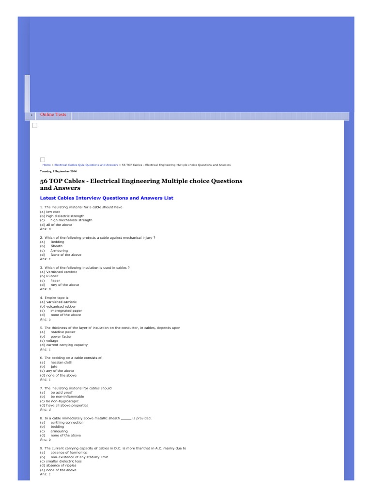 56 TOP Cables - Electrical Engineering Multiple Choice Questions and ...