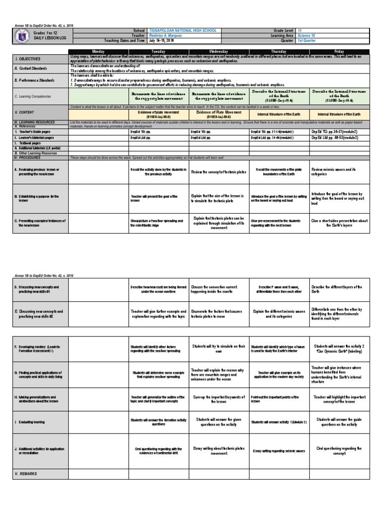 DLL Science 10 6th WK Q1 | PDF | Plate Tectonics | Earthquakes