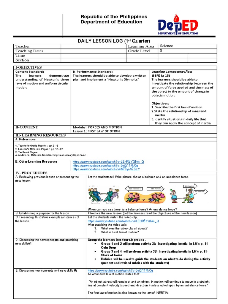 Daily Lesson Log Grade 8 3b | PDF | Newton's Laws Of Motion | Inertia