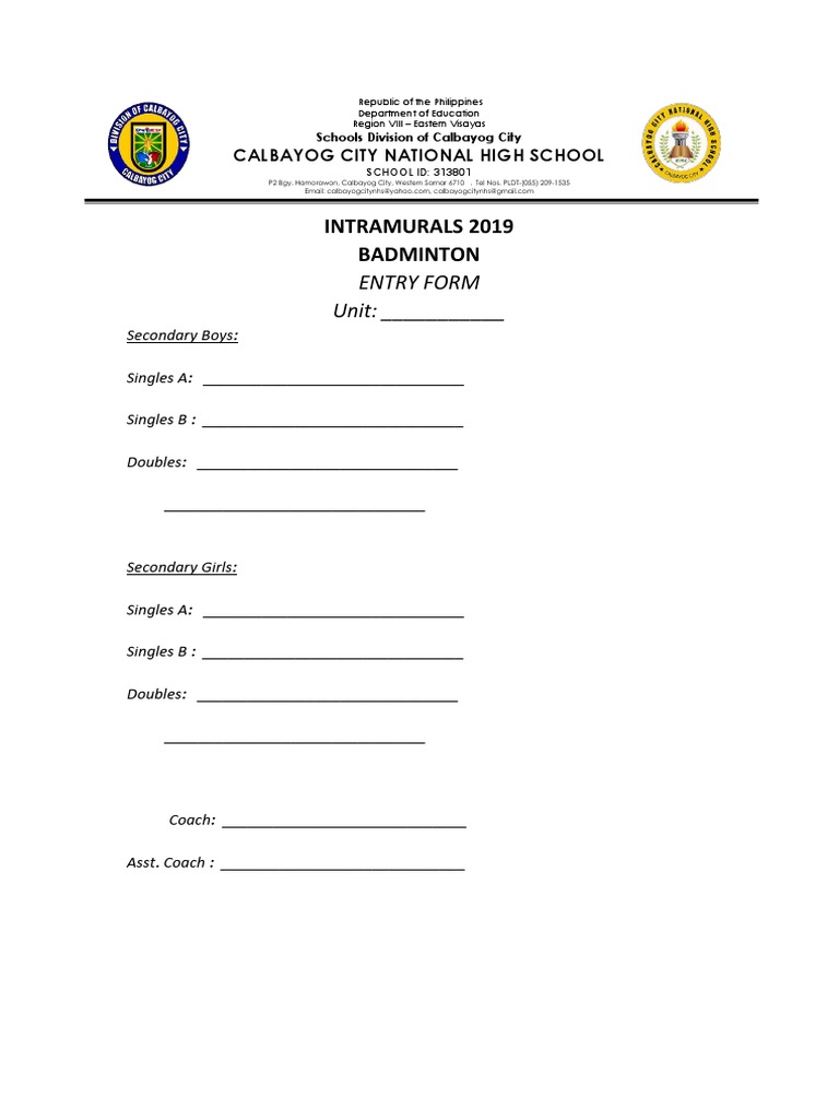 Intramurals 2019 Badminton: Entry Form Unit | PDF | Government Agencies ...