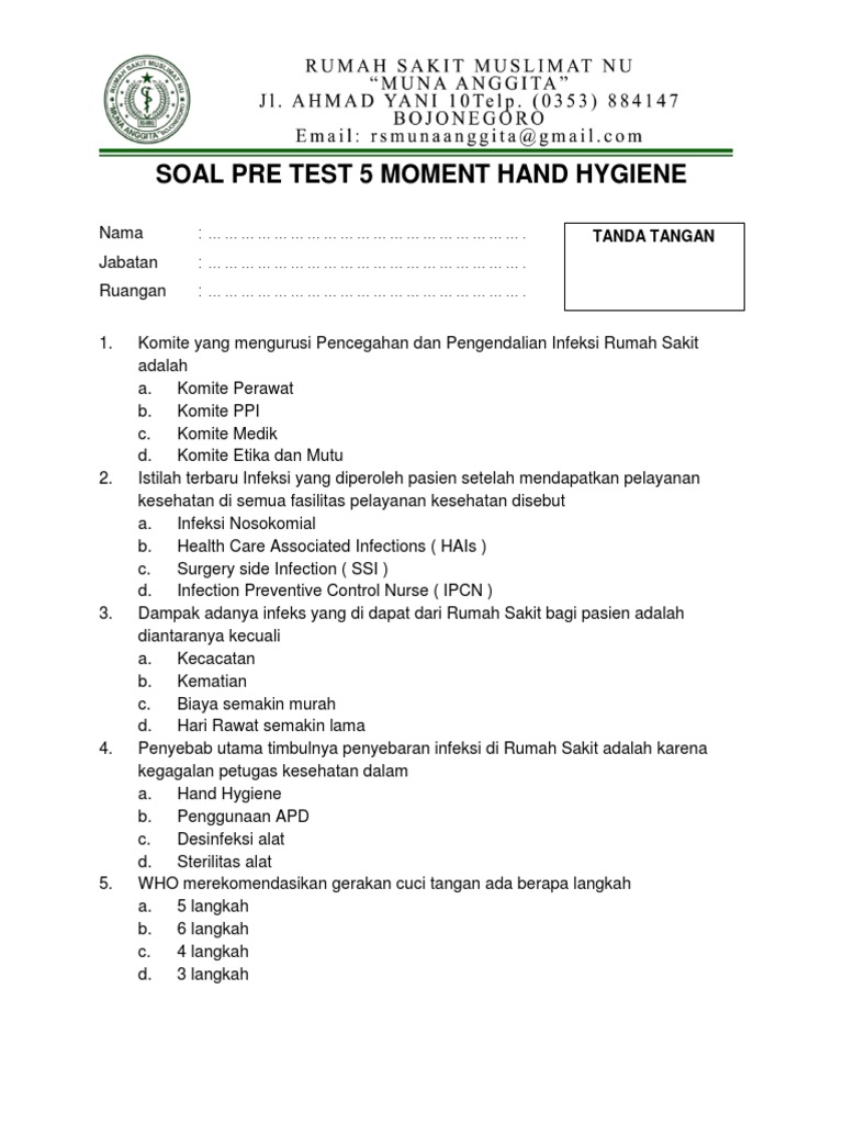 Soal Pre Test 5 Moment Hand Hygiene | PDF