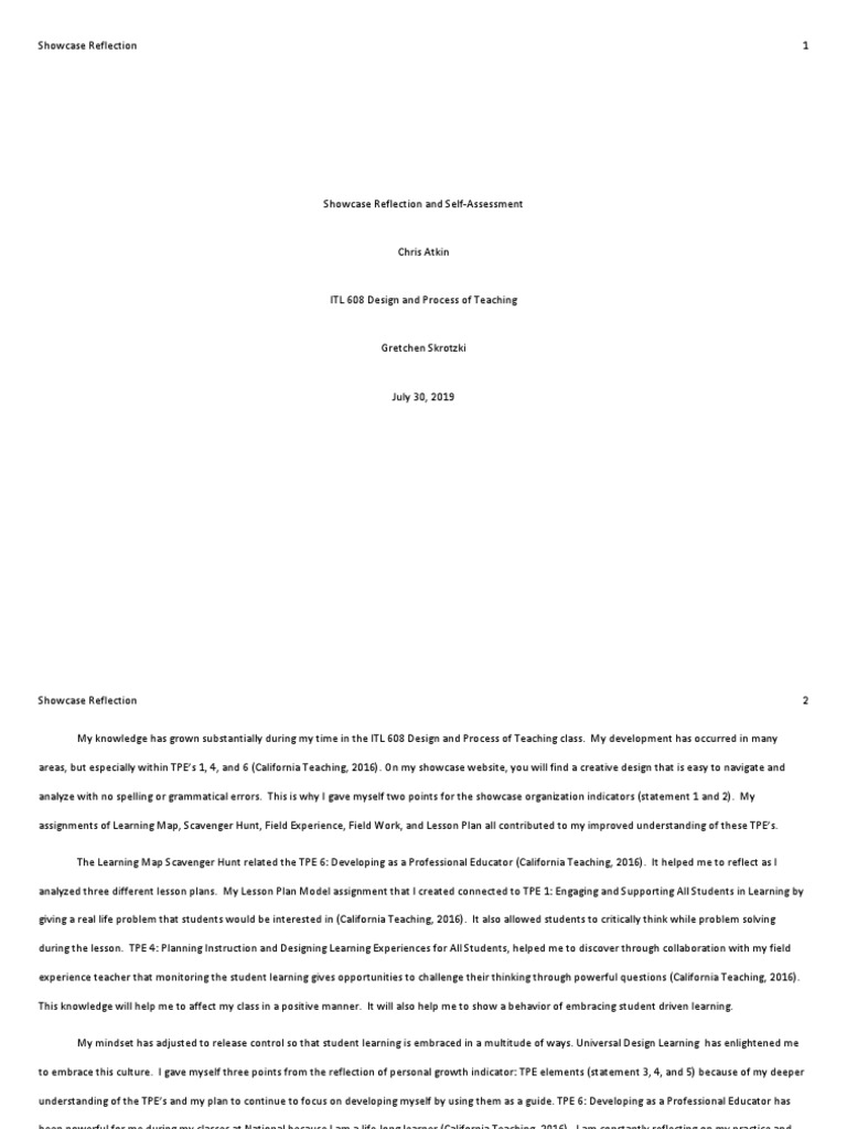 Itl 608 Showcase Reflection Self Assessment | PDF | Teachers | Lesson Plan