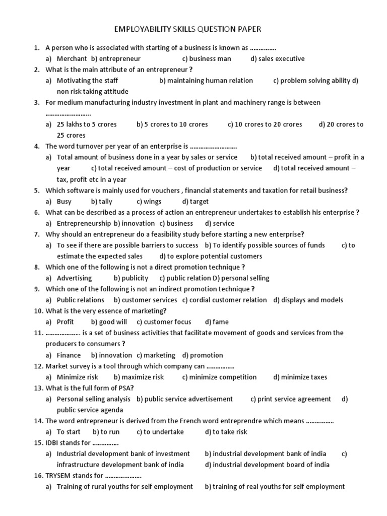 Employability Skills Question Paper 2023 | PDF | Entrepreneurship ...