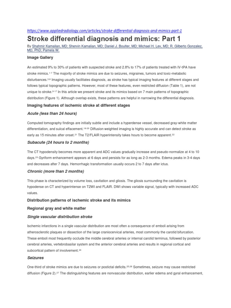 Stroke Differential Diagnosis and Mimics Part 1 | PDF | Stroke | Thalamus