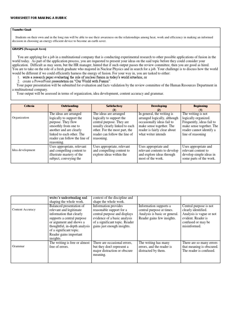 Worksheet For Making A Rubric Transfer Goal Download Free Pdf