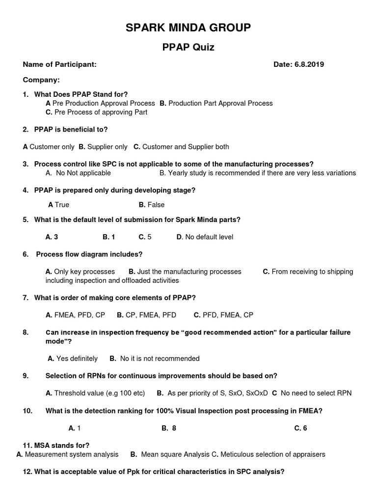 PPAP Quiz | PDF | Systems Science | Evaluation Methods