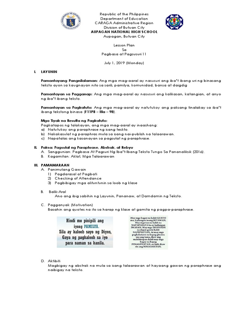 Lesson Plan in PAgbasa at Pagsusuri | PDF
