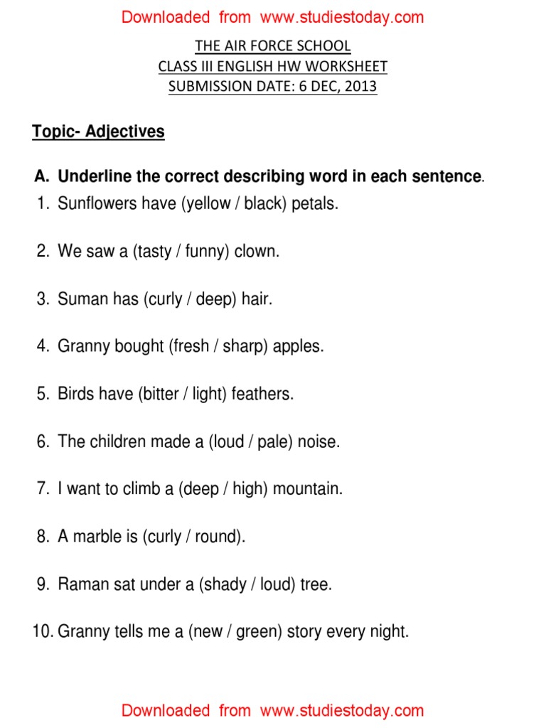 Class 3 Adjectives Worksheet | PDF | Language Arts & Discipline