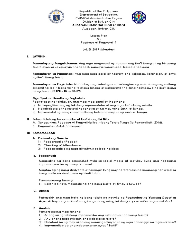 Lesson Plan Sa Pagbasa at Pagsusuri | PDF Lesson Plan Sa Pagbasa at Pagsusuri | PDF