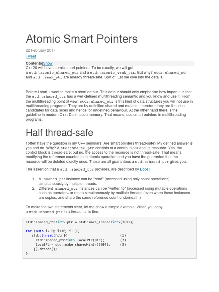 Atomic Smart Pointers: Half Thread-Safe | PDF | Thread (Computing) | Pointer (Computer Programming)