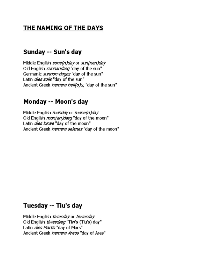 The Origins and Meanings Behind the Names of the Days of the Week | PDF ...