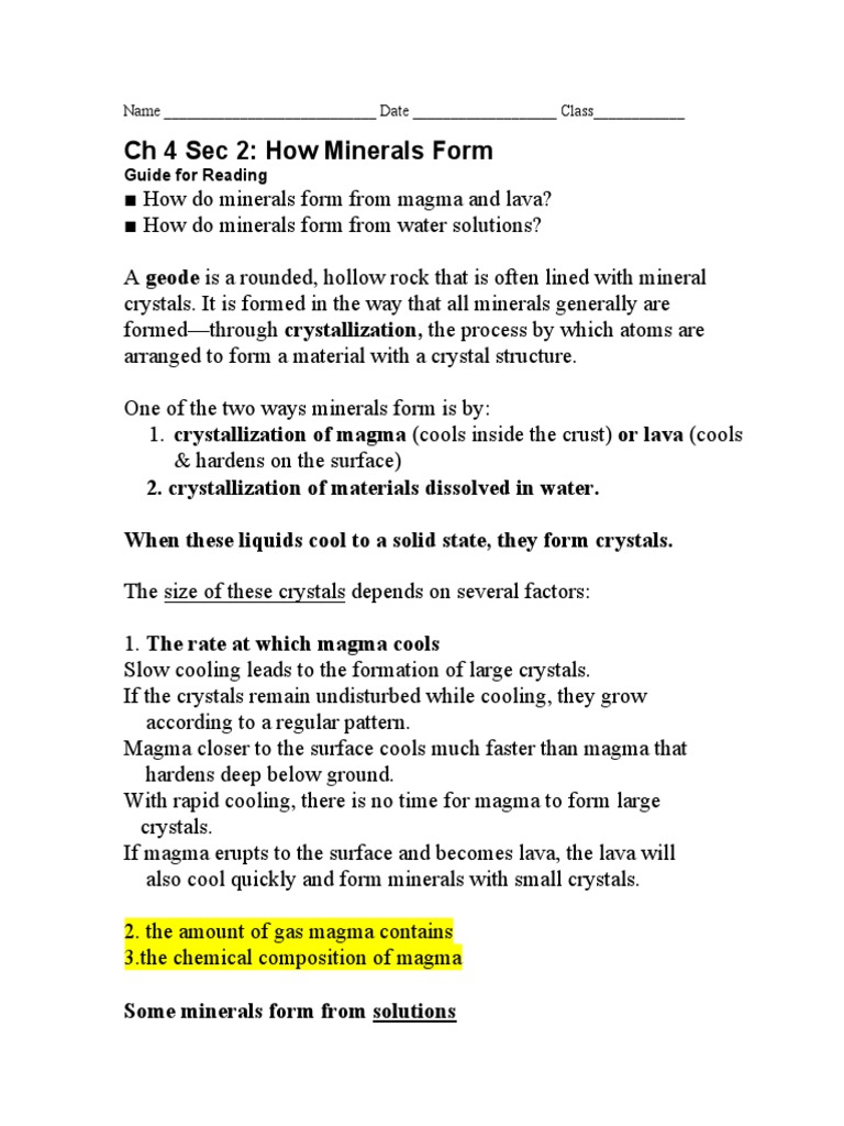 CH 4 Sec 2: How Minerals Form: Guide For Reading | PDF | Magma ...