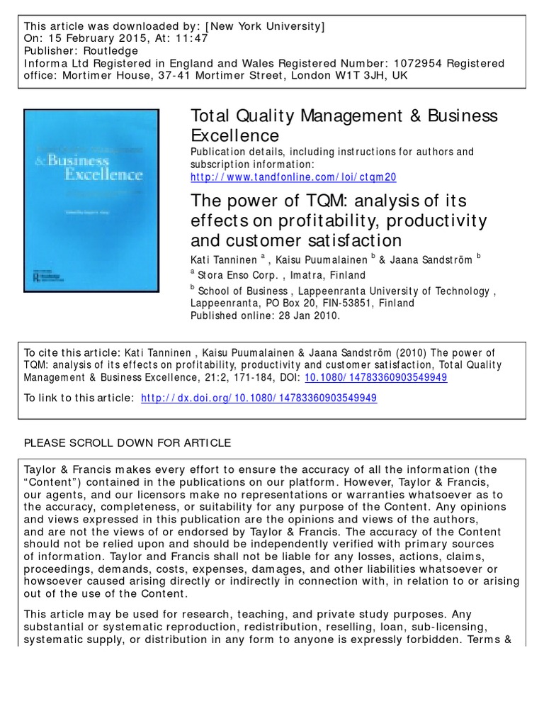 Total Quality Management & Business Excellence | PDF | Quality ...