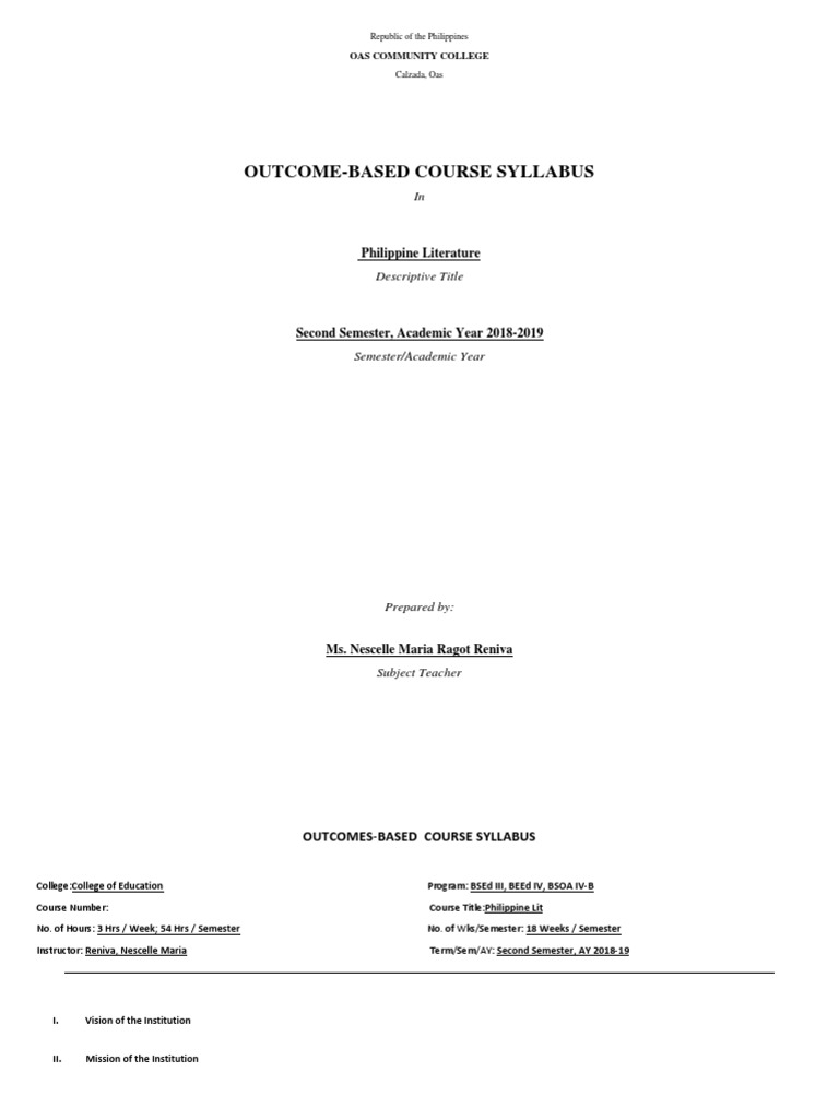 Outcome-Based Course Syllabus: Philippine Literature | PDF