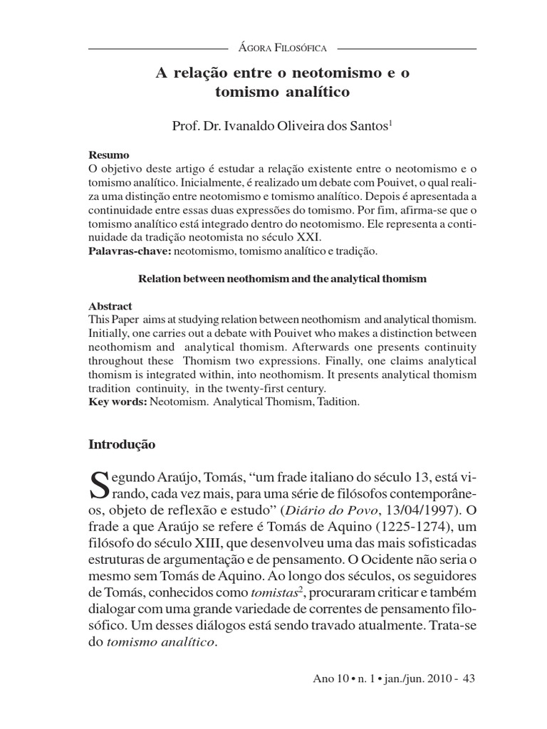 A Relação Entre o Neotomismo e o Tomismo Analítico | PDF | Tomismo ...
